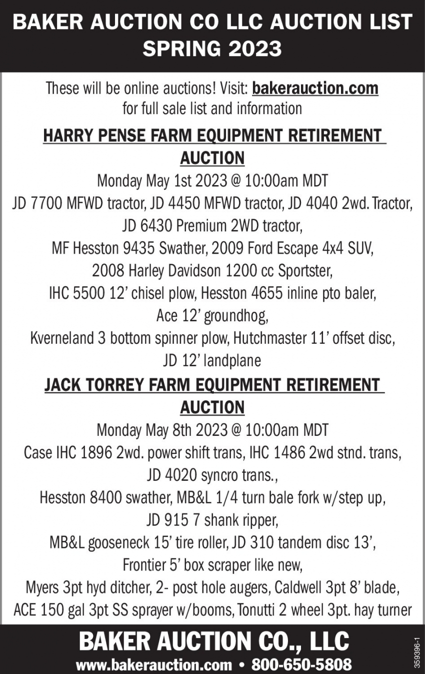 Auction List Spring 2023, Baker Auction Co., LLC